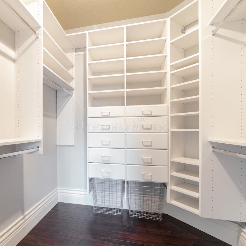 Square Fully Fitted Empty White Walk-in Wardrobe Bright Interior Stock ...