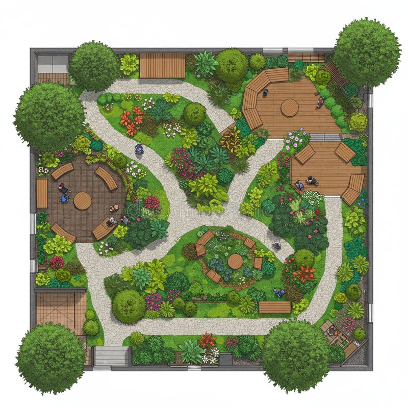 Square Garden Layout with Winding Stone Pathways Separating Lush Green ...