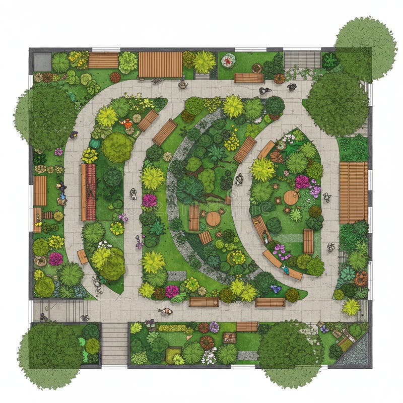 Square Garden Plan Features Winding Pathways, Greenery, and Various ...