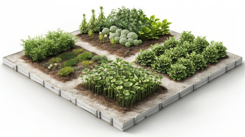 A Square Garden Plot with Four Sections, Each Containing a Different Variety of Lush Green ...