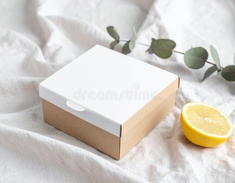 Square Gift Box with Lemon and Eucalyptus Branch on Textured Textile ...