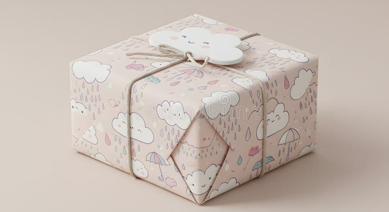 Gift Wrapped in Cloud and Rain Patterned Paper with Cloud Tag Stock ...