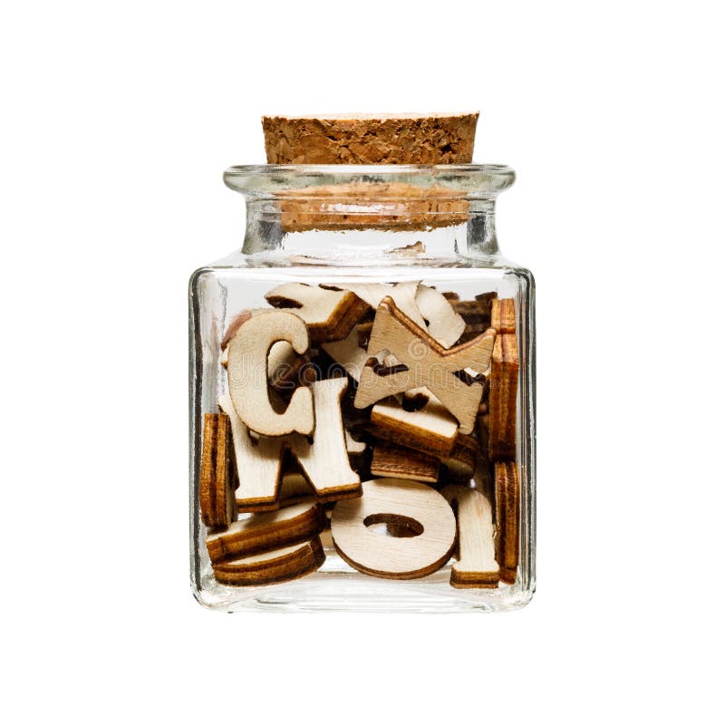 Square Glass Jar with Letters Inside, Insulated Jar Stock Image - Image ...