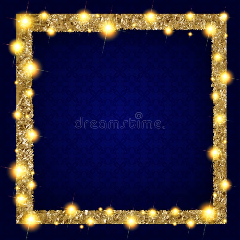 Square Gold Frame with Lights on a Dark Background Stock Illustration ...