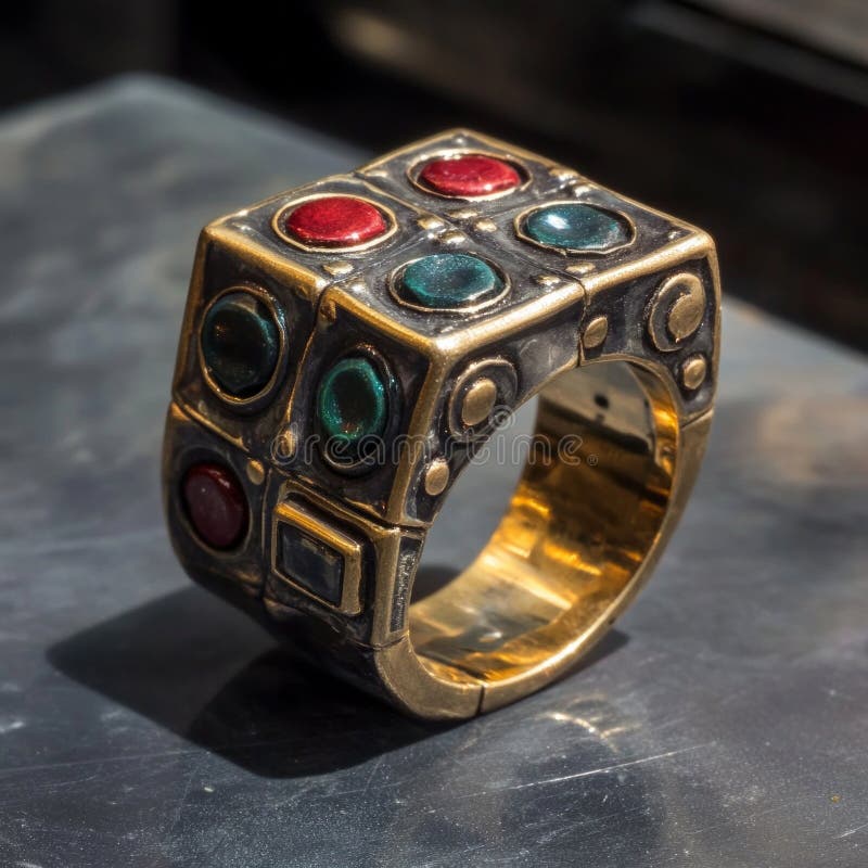 Square Gold Ring with Red and Green Stones on Dark Surface Stock Image ...
