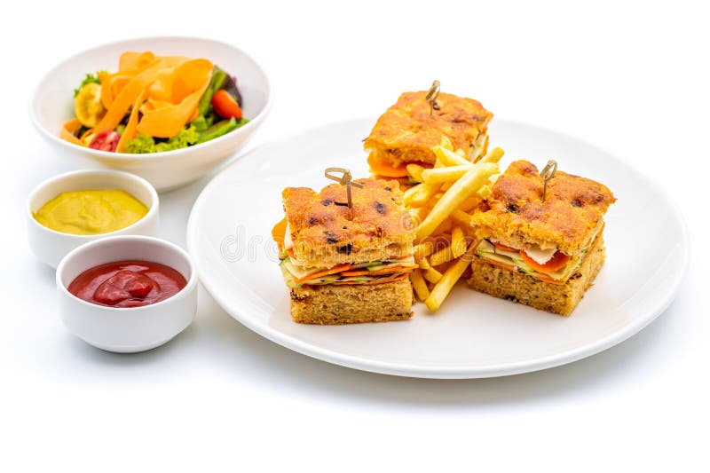 Square Gourmet Sandwiches with Fries Served on a White Plate Stock ...