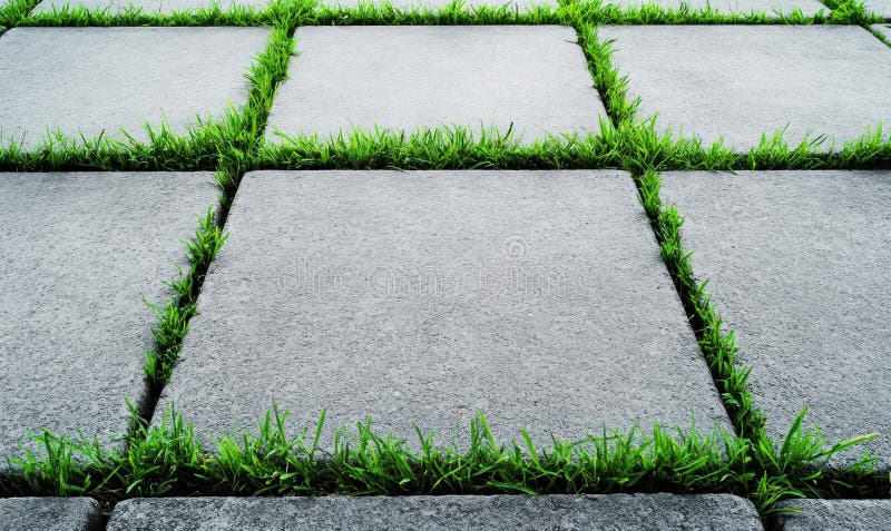 Square Gray Pavers with Vibrant Green Grass Growing between Them Create ...