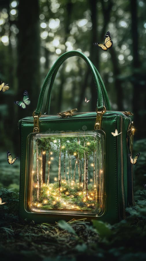 Square Green Handbag with Forest-inspired Glowing Display Stock Photo ...