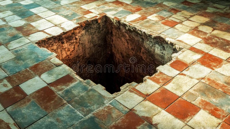 Square Hole Revealing Dark Void Underneath Tiled Floor Stock Photo ...
