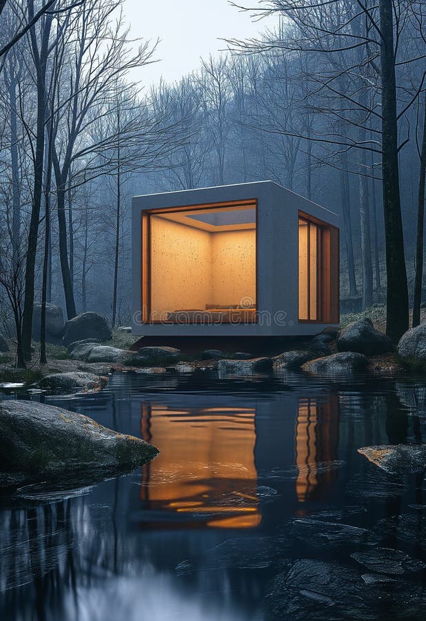 Square House in the Forest at Night, Beautiful Architecture in ...