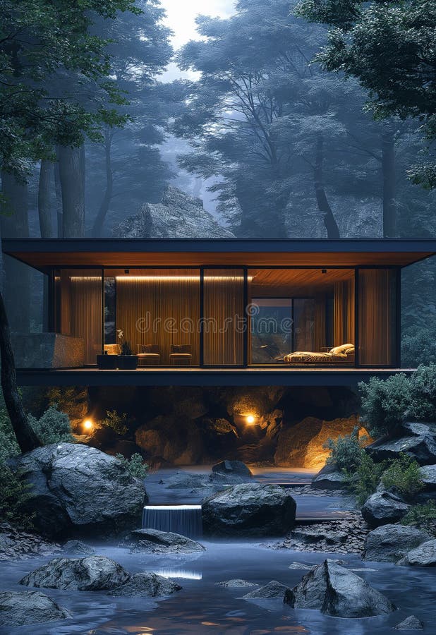 Square House in the Forest at Night, Beautiful Architecture in ...
