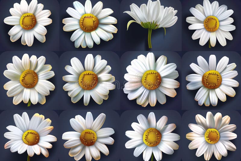 A Square Icon Set Featuring Beautiful Chamomile Daisies in White Color ...