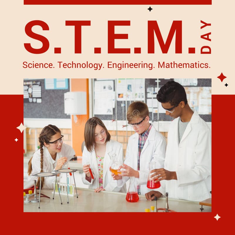 Square Image of Stem Day Text with Diverse School Pupils in Chemistry ...