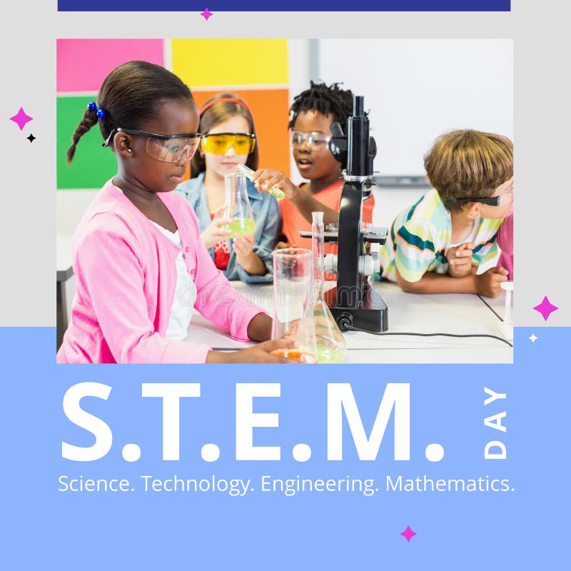 Square Image of Stem Day Text and Diverse Schoolchildren in Science ...