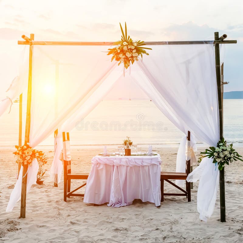 Square Image. Sunset and Romantic Luxury Dinner at Tropical Beach Stock ...