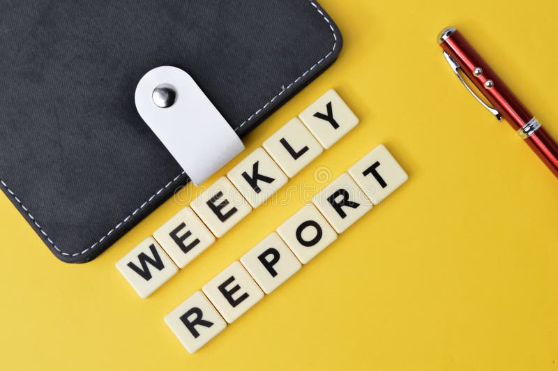 Square Letters with Text WEEKLY REPORT Over Yellow Background Stock ...