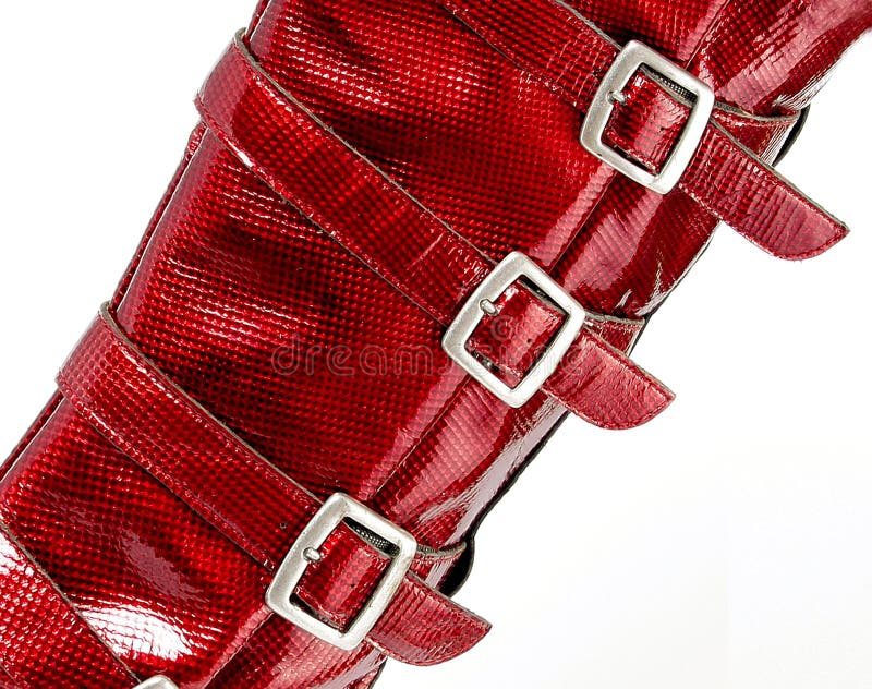 Square Metal Buckles on Red Glossy Skin Stock Photo - Image of heel ...