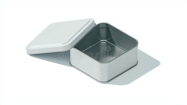 A Square Metal Tin Container with an Open Lid, Casting a Subtle Shadow ...