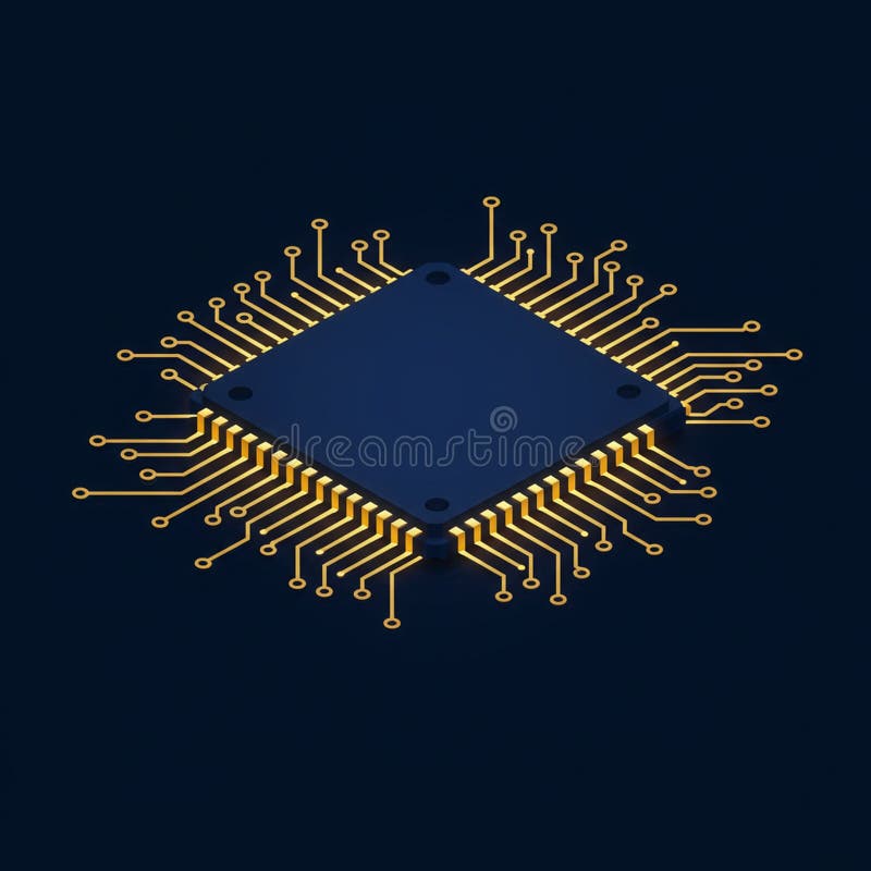 Square Microchip with a Dark Surface and Golden Circuit Lines Extending ...