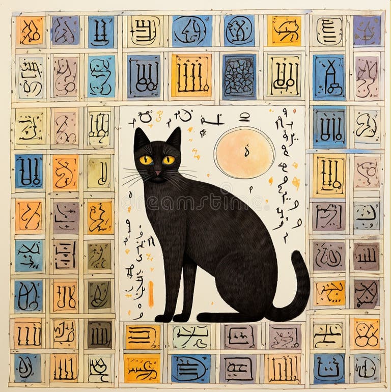 Square Multi-colored Ornament Patterns Around a Black Cat Stock ...