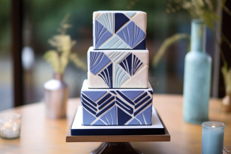 A Square, Multi-tiered Cake with Geometric Blue Patterns Stock Photo ...