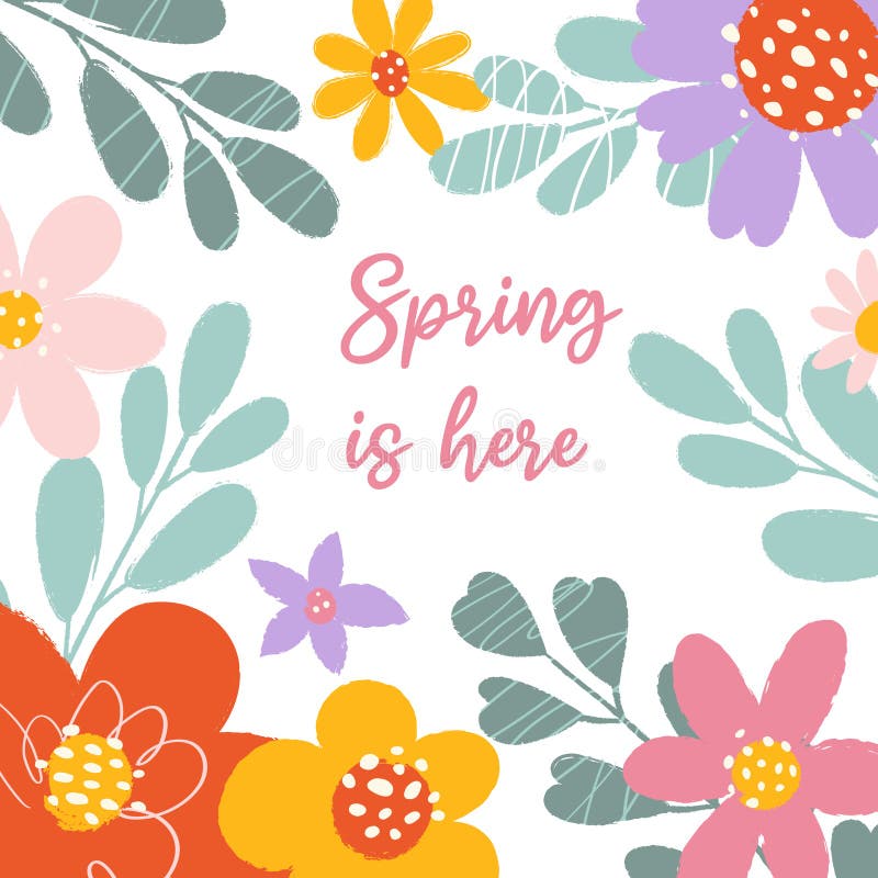 Square Multicolored Spring Card with Text Spring is Here in Flat Style ...