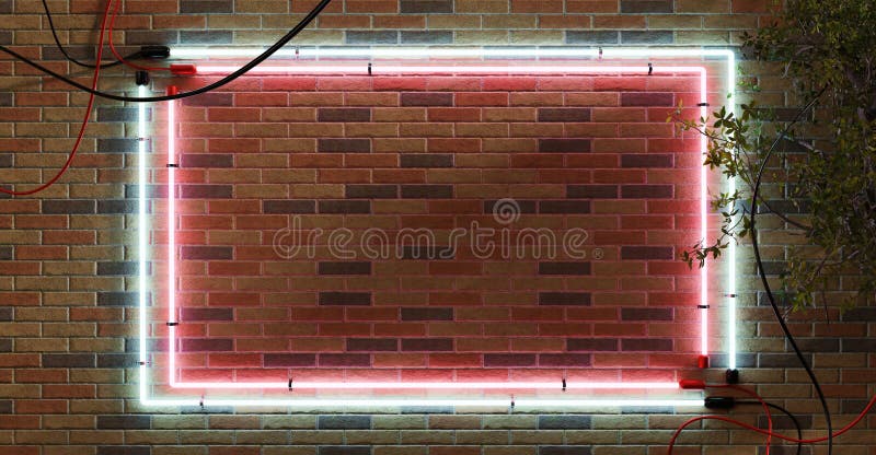Square Neon Sign Brick Wall and Fire Sign Frame Neon Lights on Cement ...