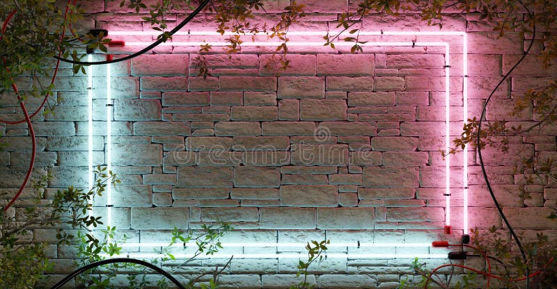 Square Neon Sign Brick Wall and Fire Sign Frame Neon Lights on Cement ...