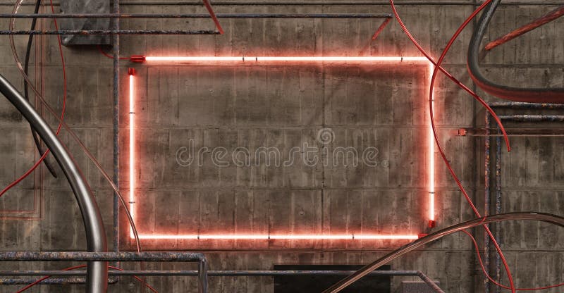 Square Neon Sign Brick Wall and Fire Sign Frame Neon Lights on Cement ...