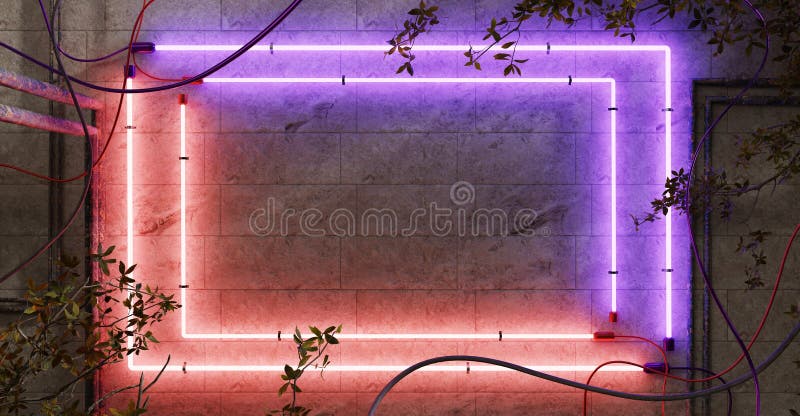 Square Neon Sign Brick Wall and Fire Sign Frame Neon Lights on Cement ...