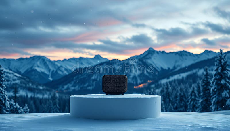 Square Object on Snowy Peak at Sunset Stock Illustration - Illustration ...