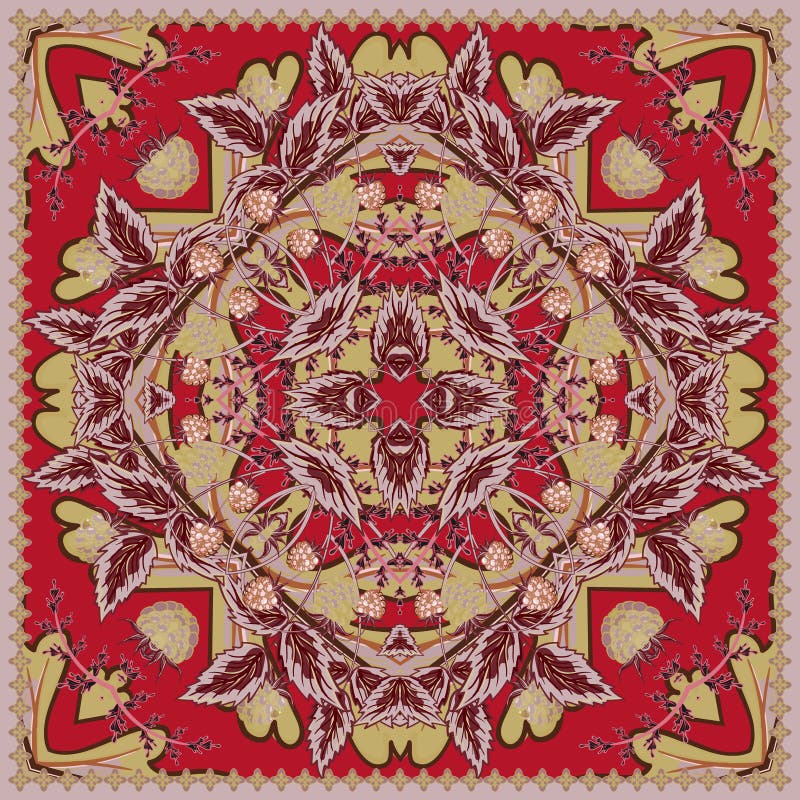 Square Ornamental Pattern with Strawberry and Leaves. Scarf Background ...