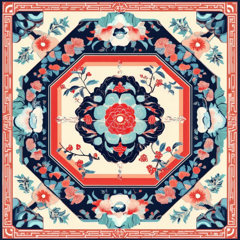 Ornate Floral Pattern with Octagonal Borders and Soft Palette on ...