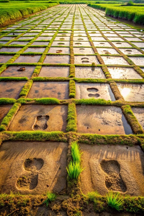 Square Pattern and Footprints on Muddy Ricefield Ground Stock ...