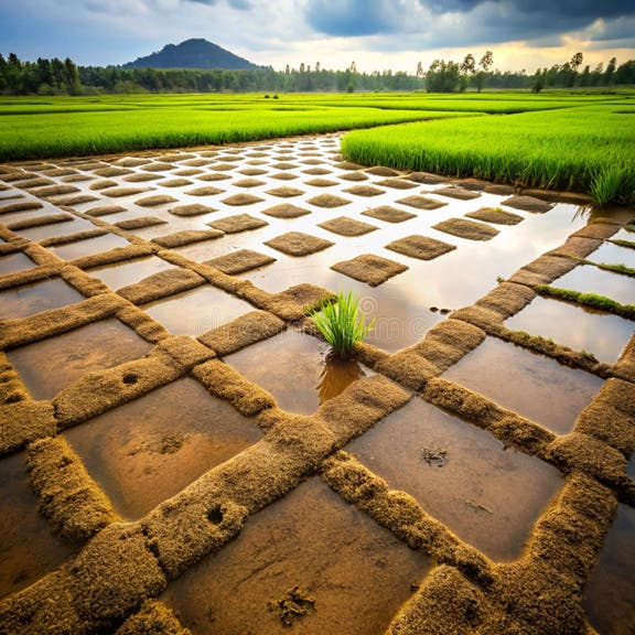 Square Pattern and Footprints on Muddy Ricefield Ground Stock ...