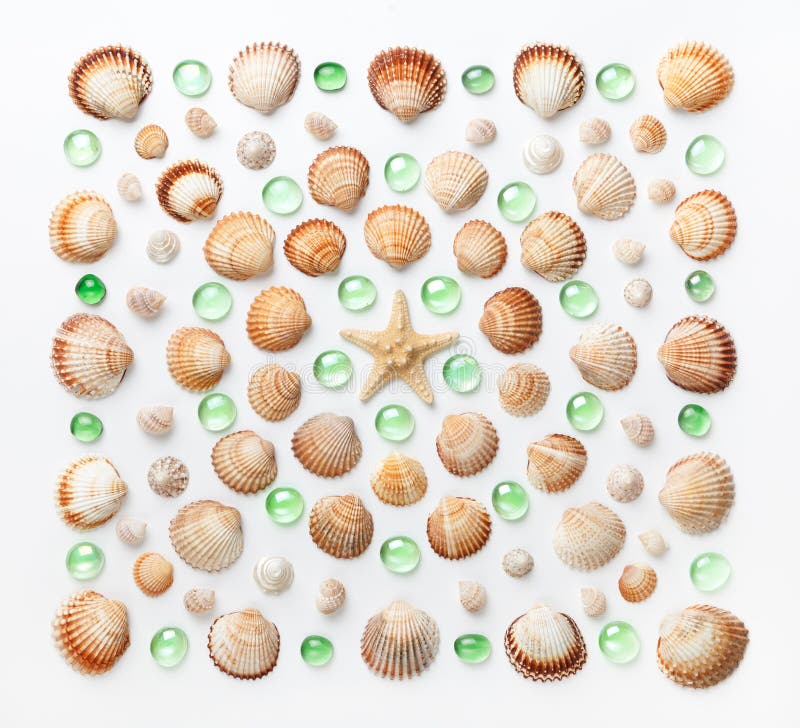 Square Pattern Made of Shells, Starfish and Green Glass Pebbles on ...