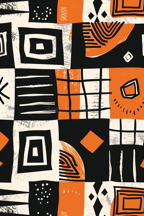 Square Patterns in Black and Orange: Neo-primitivism Art on White Stock ...