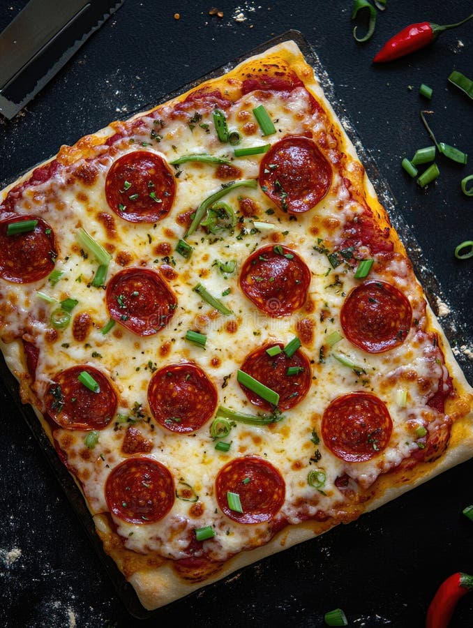 Square Pepperoni Pizza stock photo. Image of pepperoni - 377998936