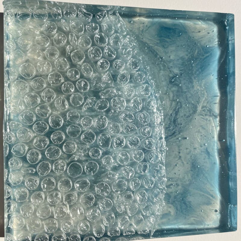 Square Piece of Blue Resin with a Layer of Clear Bubble Wrap Embedded ...