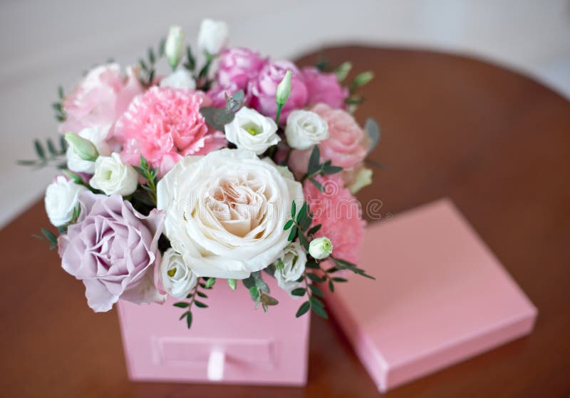 Square Pink Flower Box with Fresh Rose Stock Photo - Image of floral ...