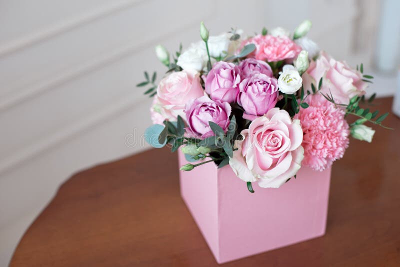 Square Pink Flower Box with Fresh Rose Stock Photo - Image of birthday ...