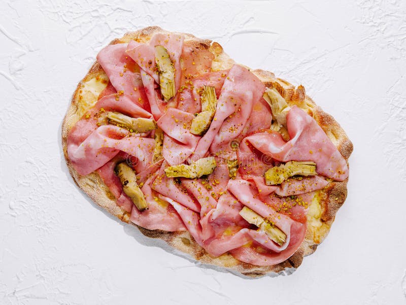 Square Pizza with Ham and Artichokes Top View Stock Photo - Image of ...