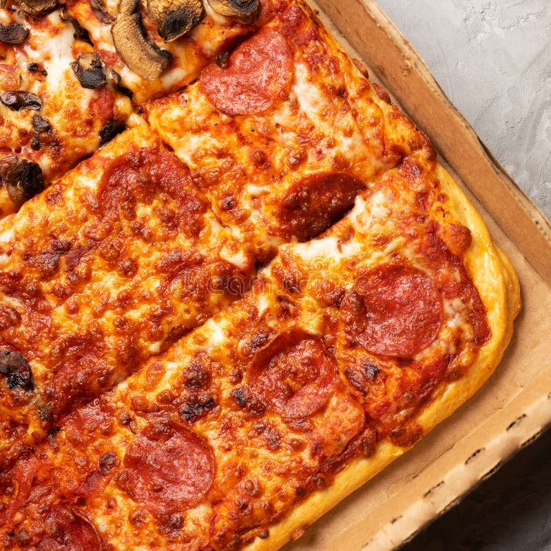Square Pizza Inside Its Box on a Gray Background Stock Image - Image of ...