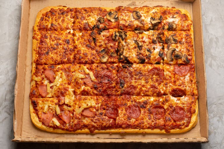 Square Pizza Inside Its Box on a Gray Background Stock Image - Image of ...