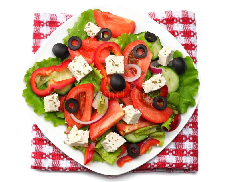 Square Plate of Greek Salad on White. Fresh Vegetable Salad Top View ...