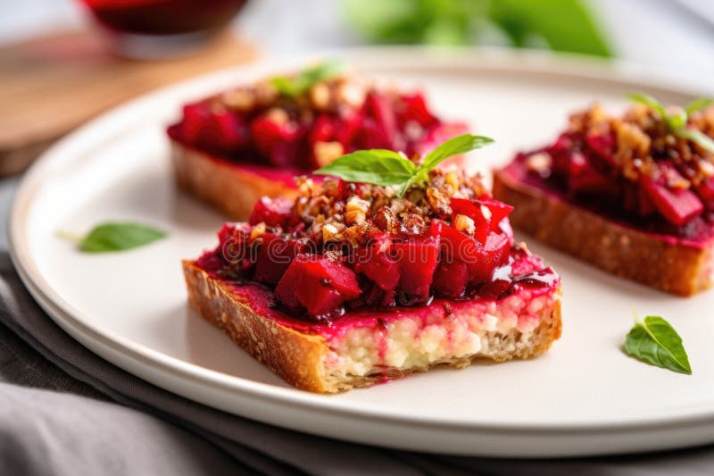 A Square Plate with One Beetroot Bruschetta in the Center Stock Image ...