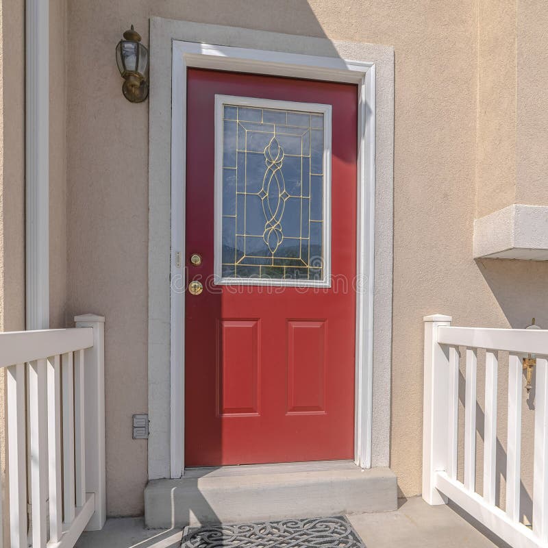 Square Red Front Door and Steps of Traditional Home Stock Image - Image ...