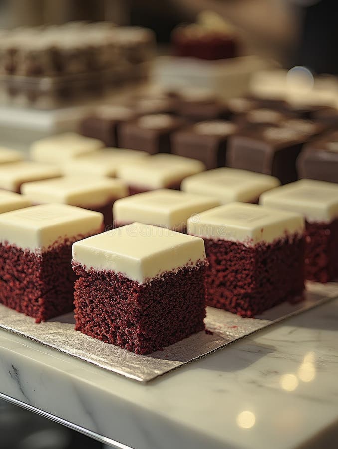 Square Red Velvet Cakes with White Icing on Display. Stock Photo ...