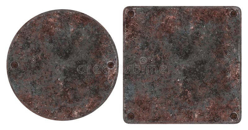 Square and Round Rust Plaque with Rivets. Isolated Old Metallic ...