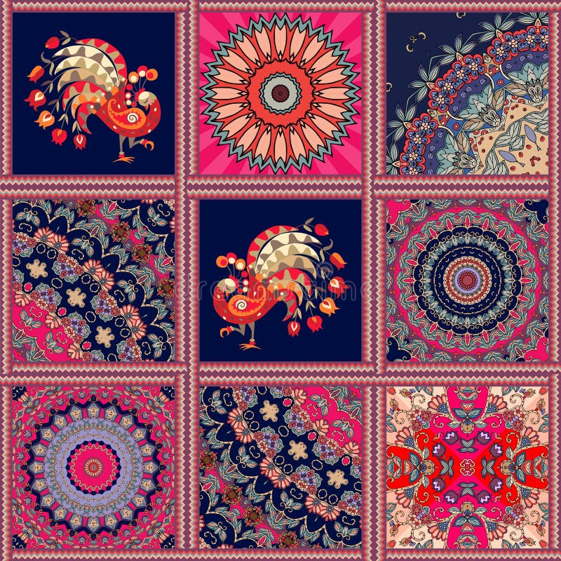 Square Rug with Peacock, Flower Mandala, Ornamental Pattern and Zigzag ...